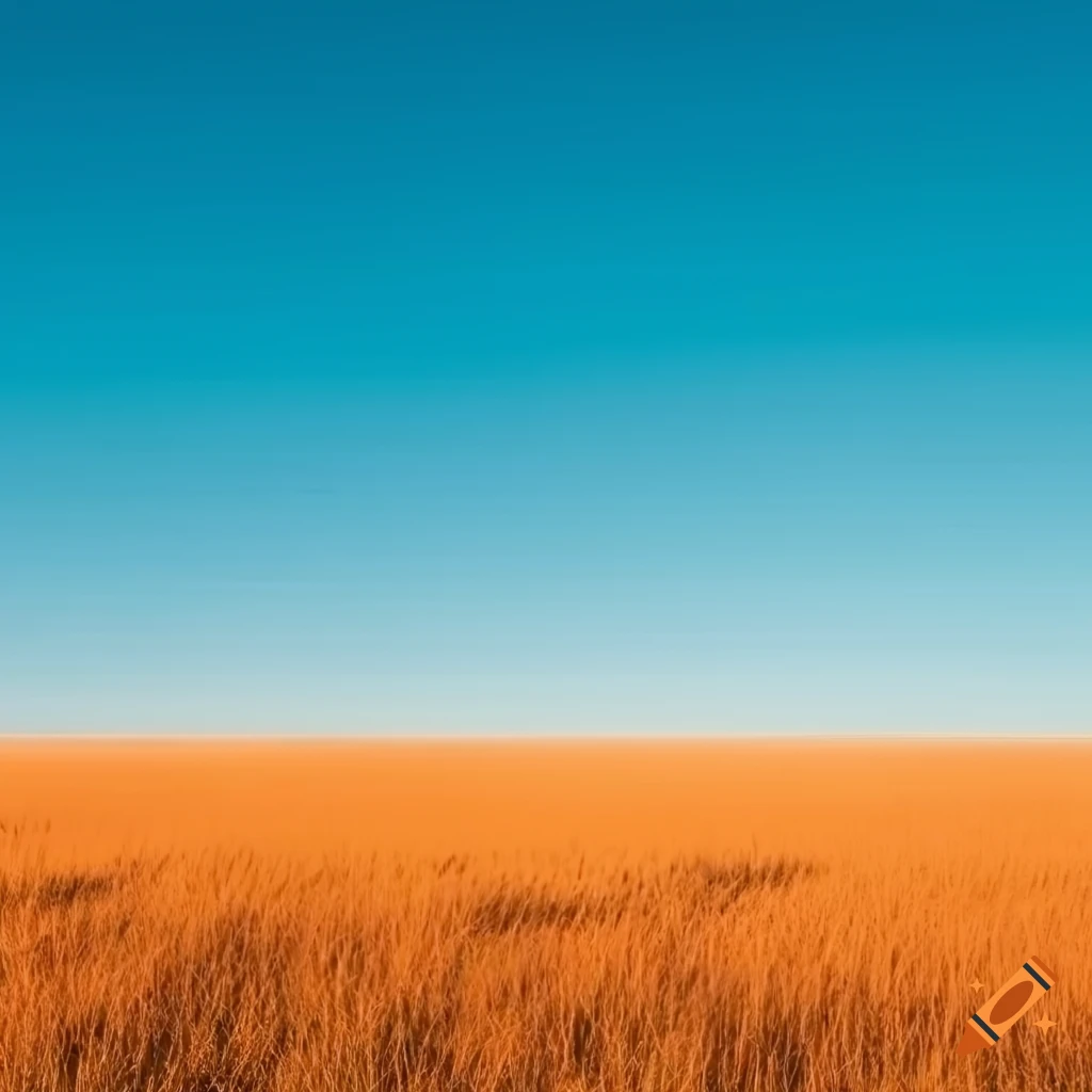 Surreal landscape with orange grass and a perfect horizon with blue sky ...