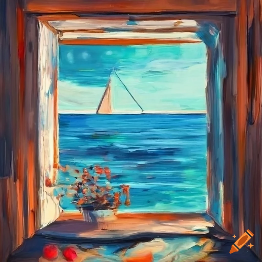 Abstract painting,very large strokes, a view from an open wooden window ...