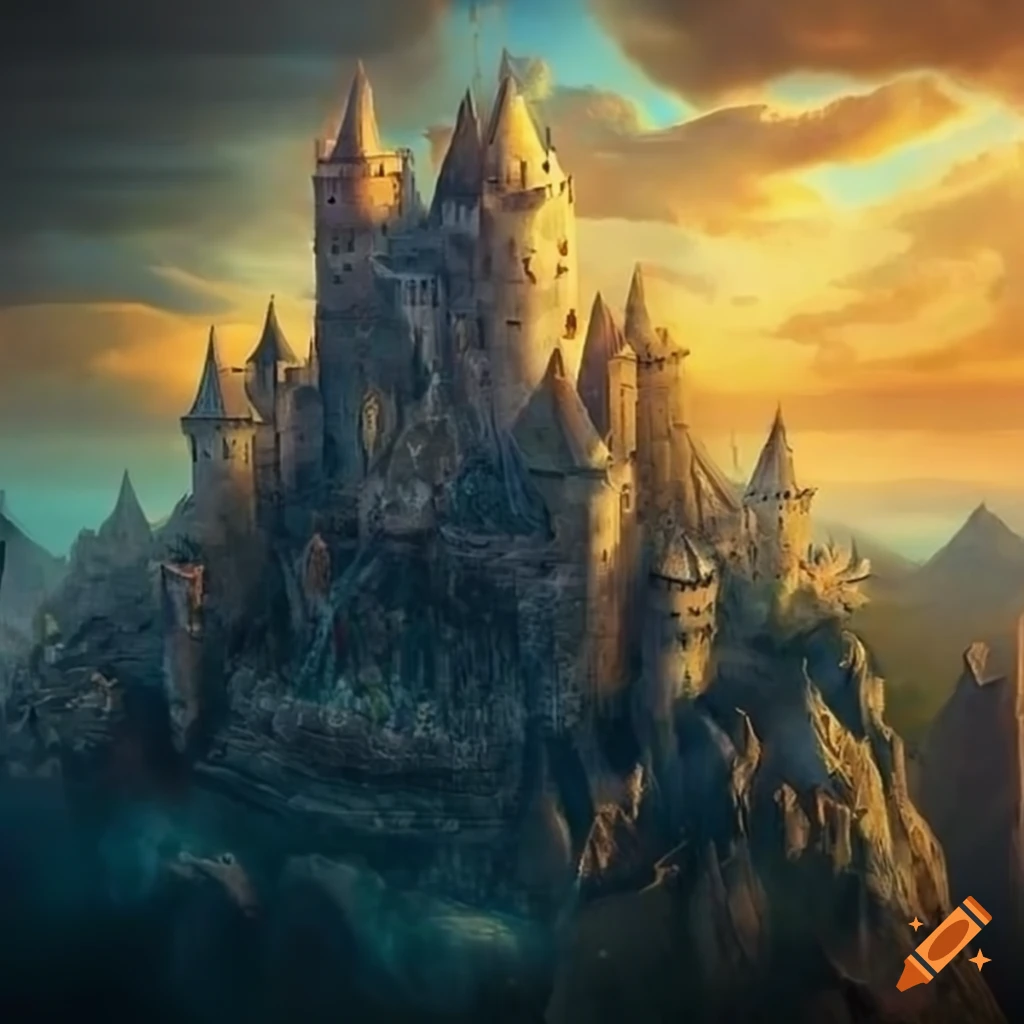 Fantasy art aerial view of a large castle in a dell