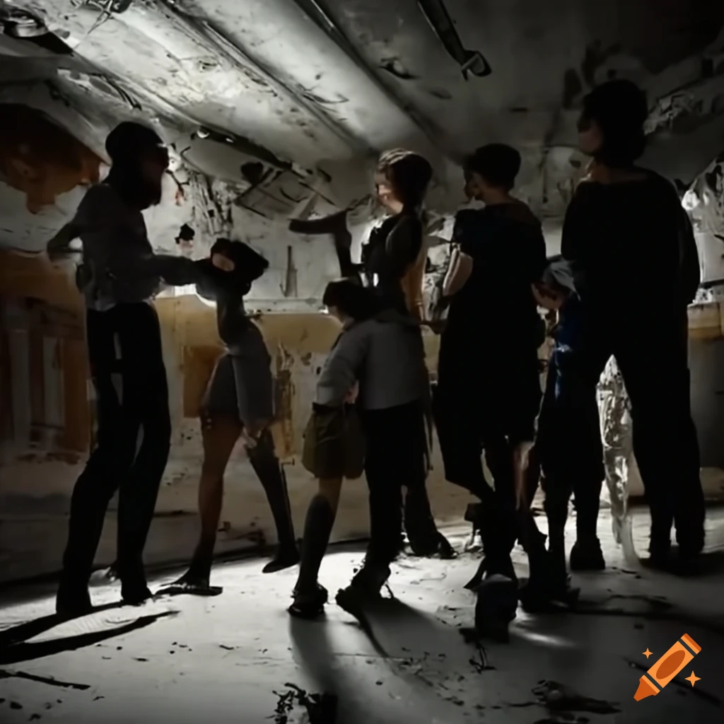 A group of students exploring an abandoned space station on Craiyon