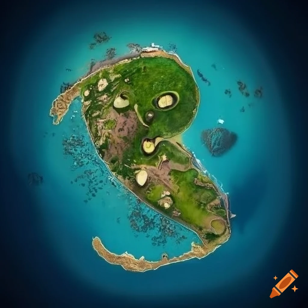 A top view map of an island with a mountain, city and train tracks ...