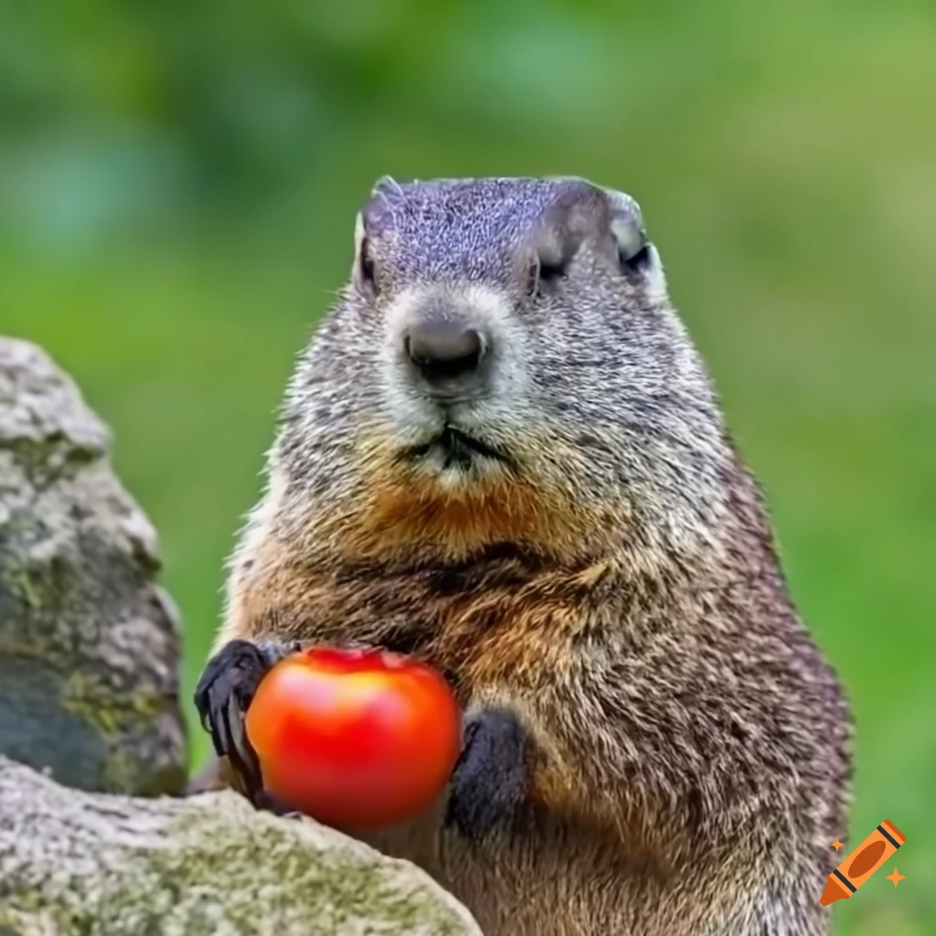A chubby groundhog enjoying a red tomato in the garden