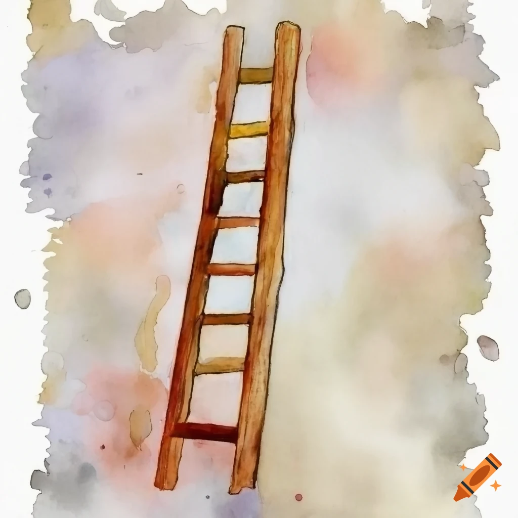 Painted in watercolor of ladder with 8 wooden rungs on Craiyon