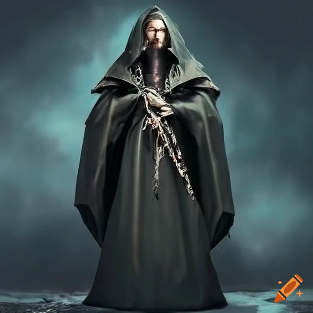 Wizard black robes with silver plates long scraggly