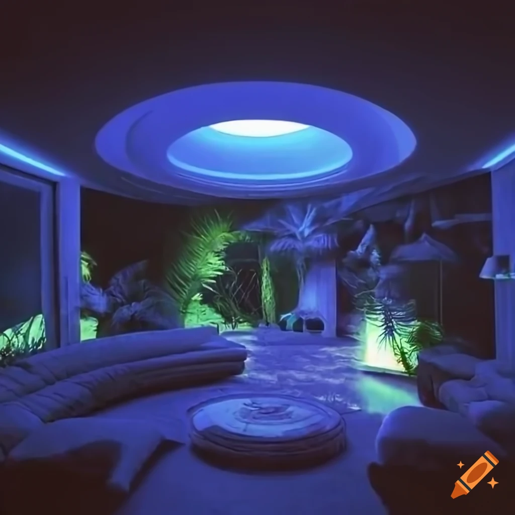 90's style interior design, view from inside a superadobe house, sci-fi ...