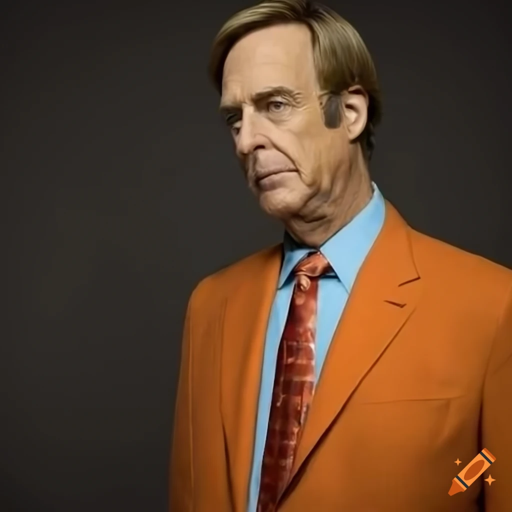 Saul goodman in an orange suit and shirt, photorealistic on Craiyon