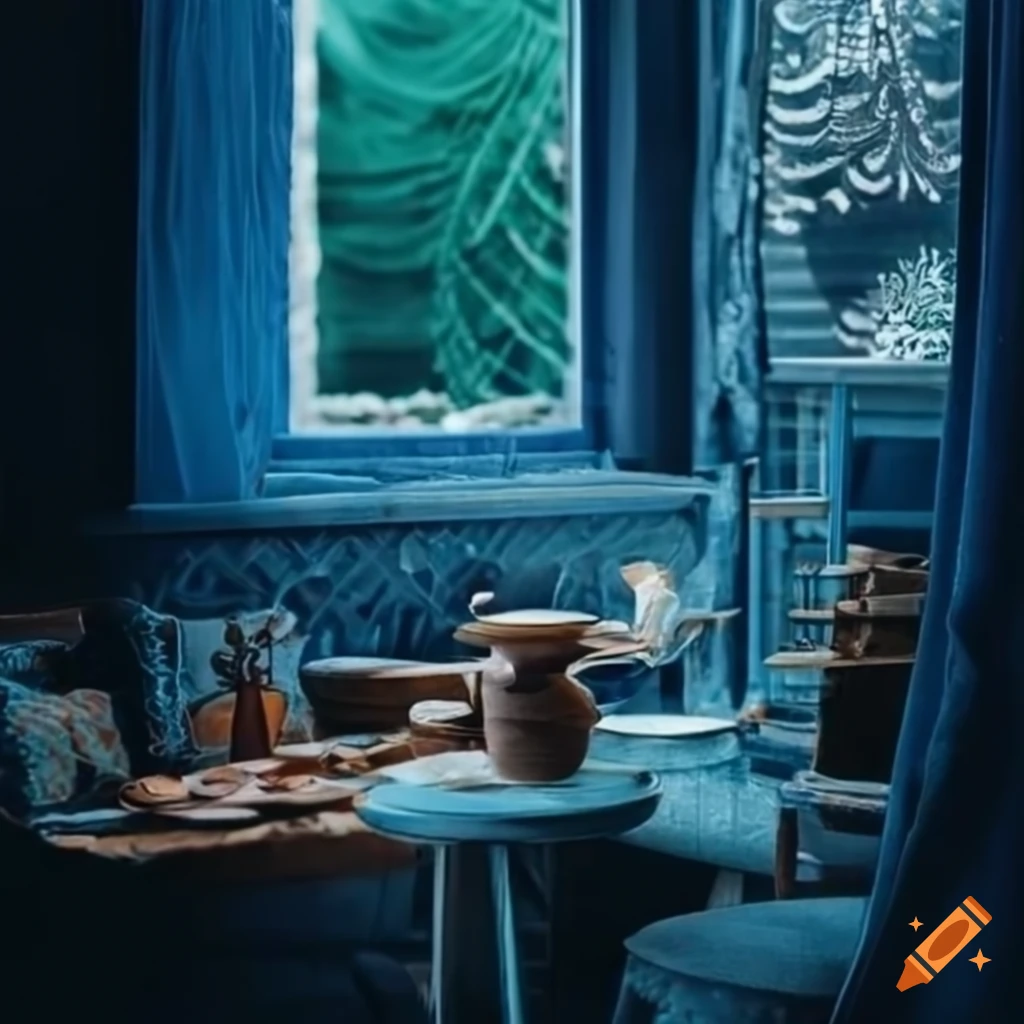 Cobweb-covered blue-and-white cottagecore coffee shop on Craiyon