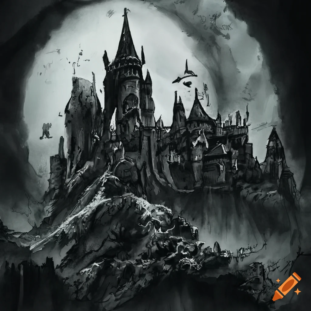 Environment ink drawing featuring massive vampire castles on Craiyon