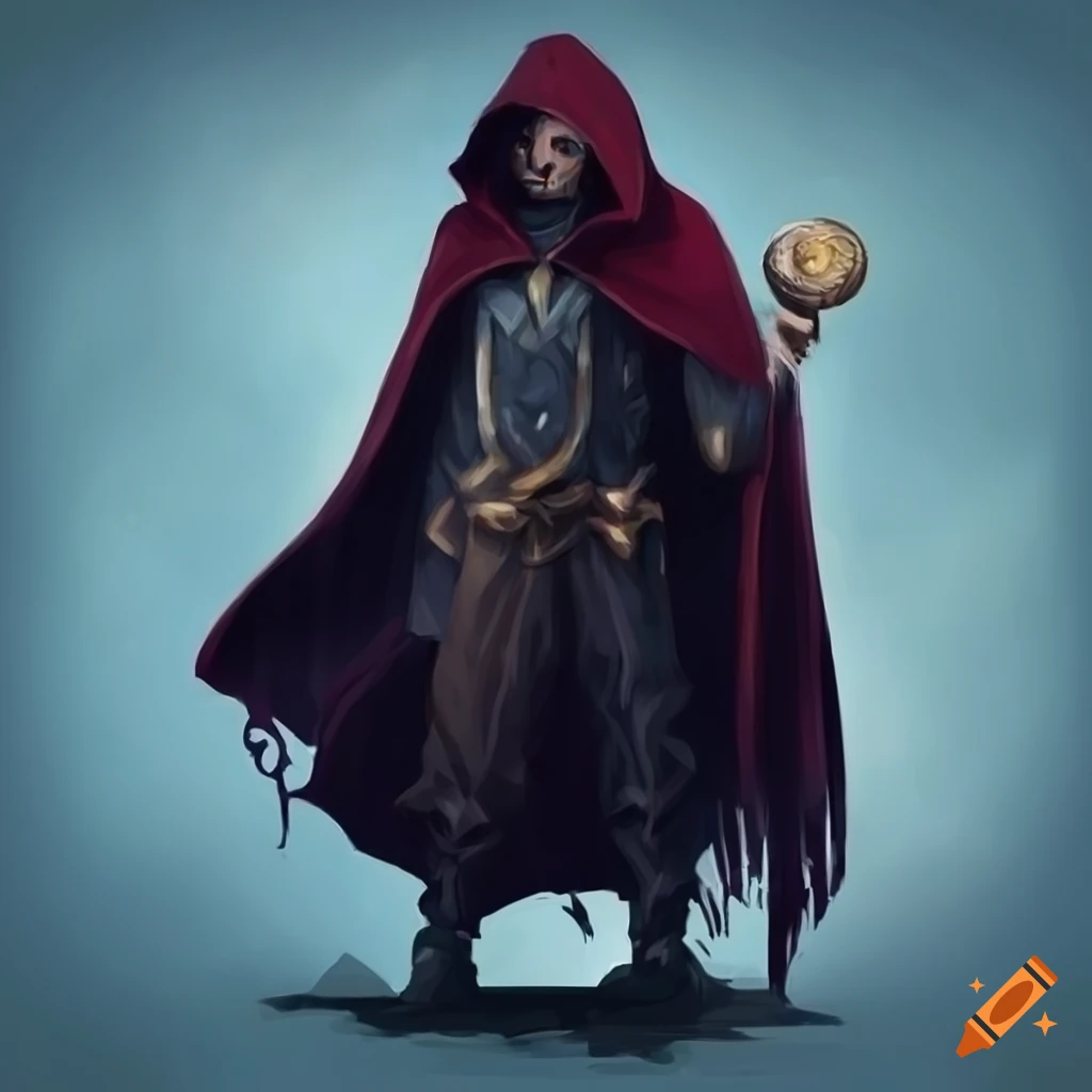 Role playing game game master with dark cloak and a coin and a dice