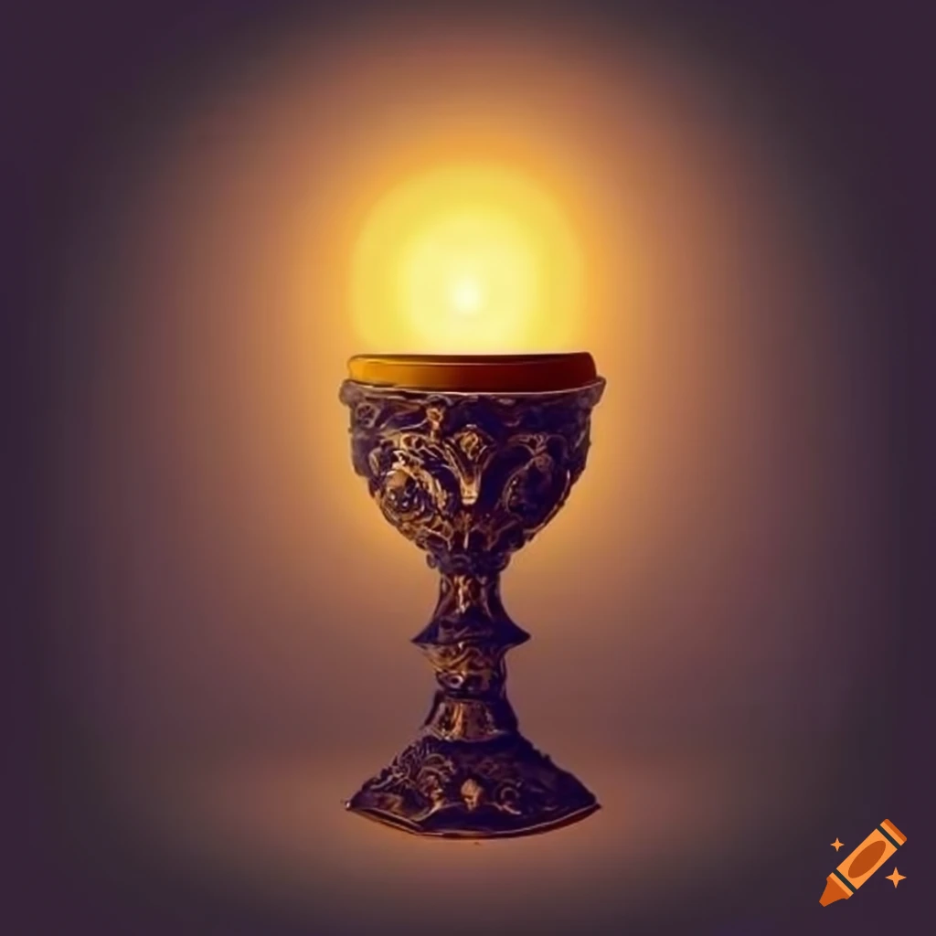 Glowing holy grail with ornate details and shadowy background on Craiyon