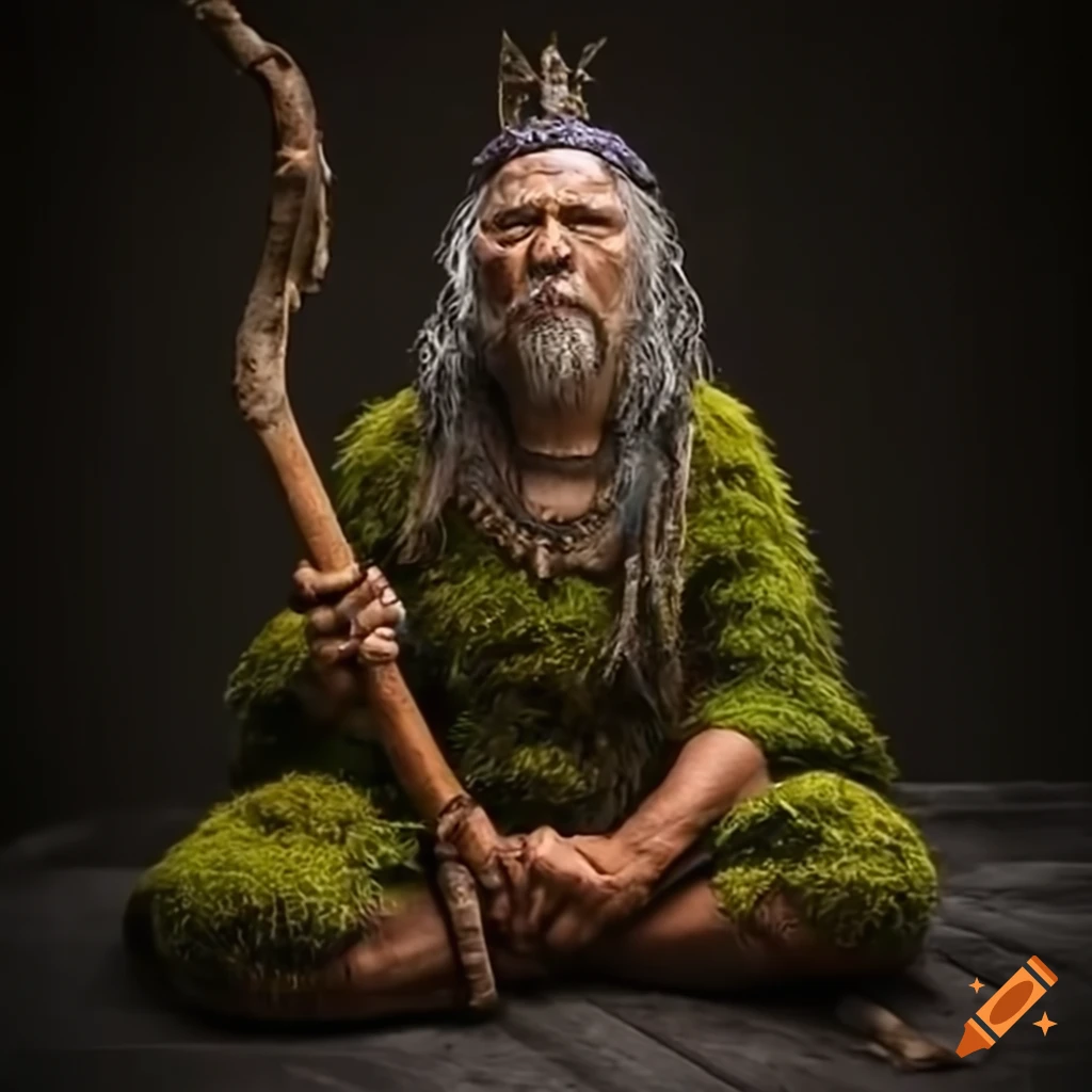 Ancient shaman sitting cross-legged and holding a staff near the bottom ...
