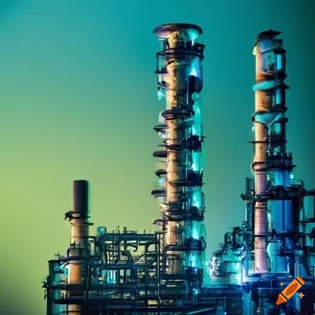 A sustainable energy refinery lab with green and light blue transparent ...