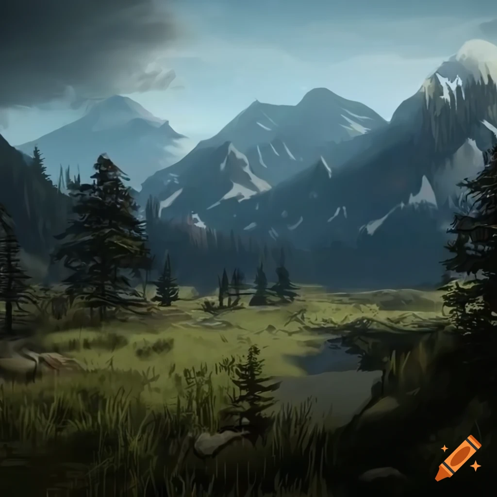 Digital art wilderness and mountains background for games rdr2 style