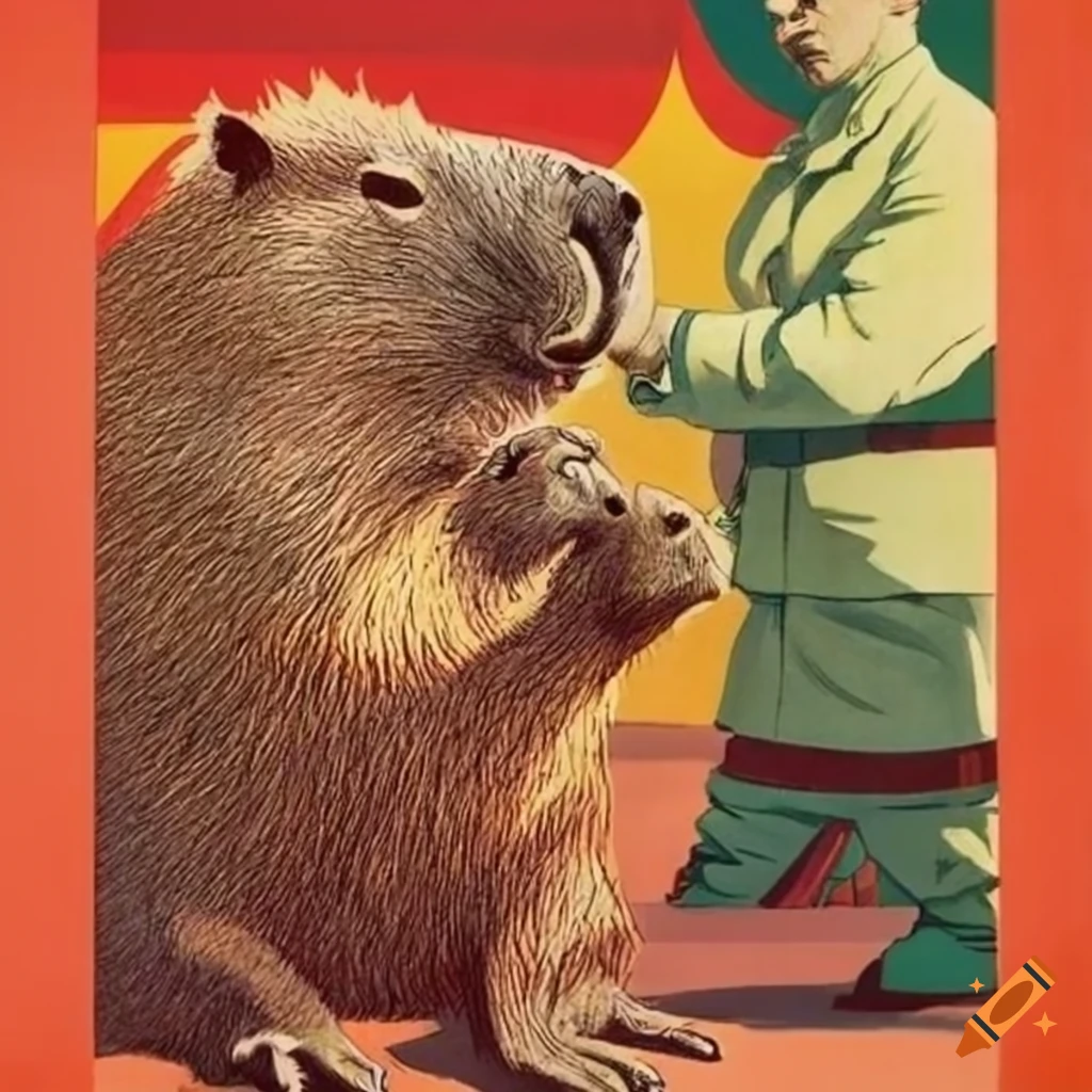 Soviet propaganda poster featuring capybaras working for the state on ...