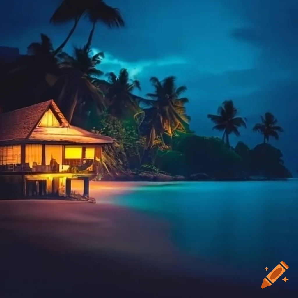 The view of a paradisiacal beach at night with distant house lights on ...