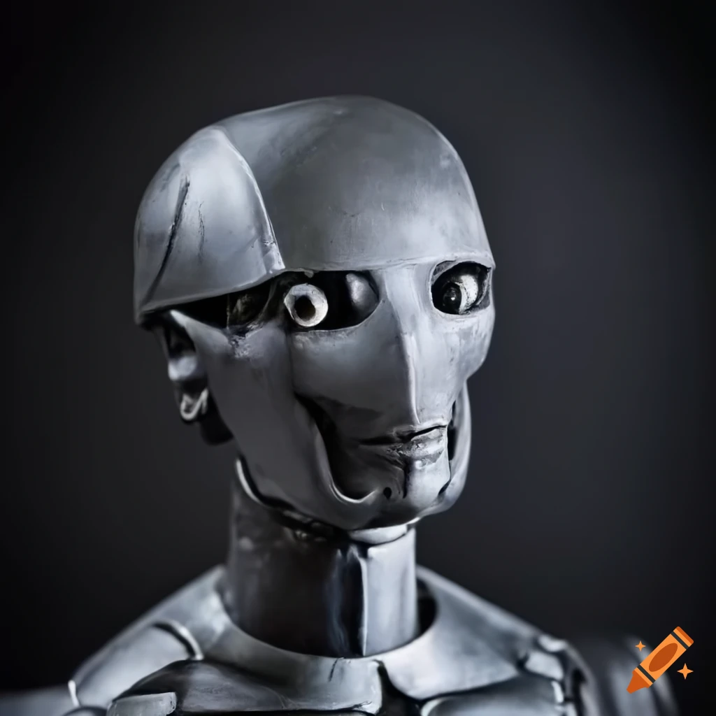 An iron humanoid statue with glowing white eyes