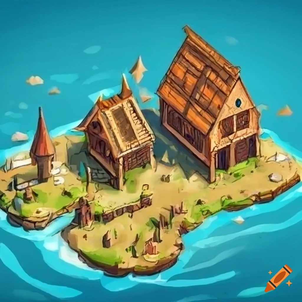 Building fantasy game in a water world, timbered houses in isometric ...