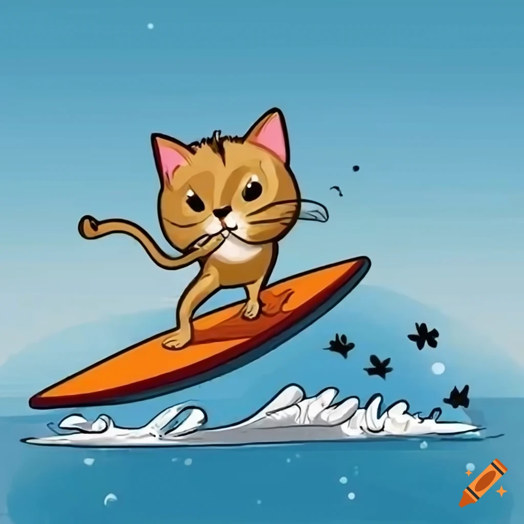 Cat surfing a board cartoon