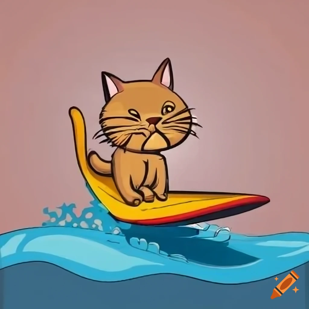 Cat surfing a board cartoon