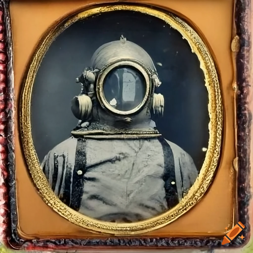 Daguerreotype of a man wearing a Victorian diving suit and helmet on ...