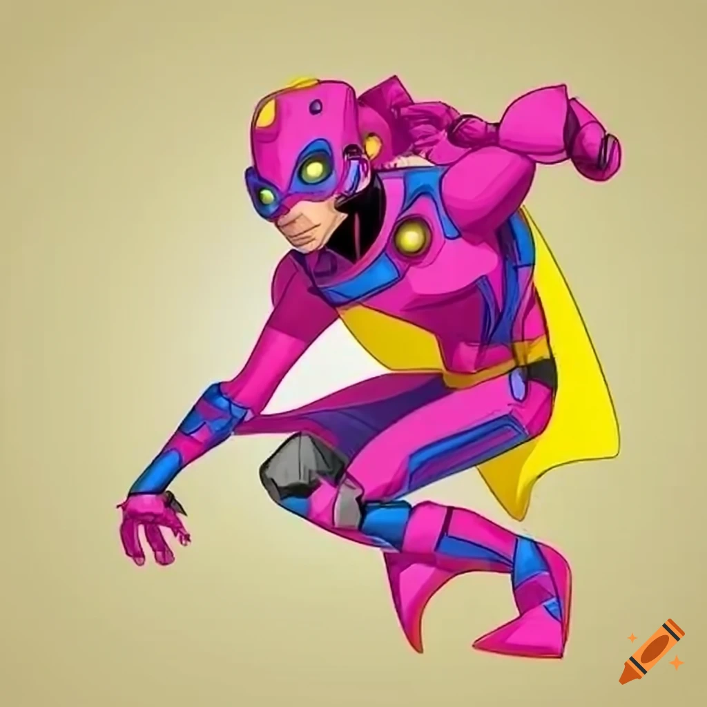 Draw a superhero with a robotic costume with pink and yellow colors