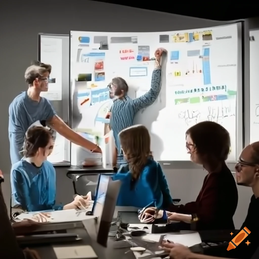 A group of software engineers brainstorming together in front of a ...