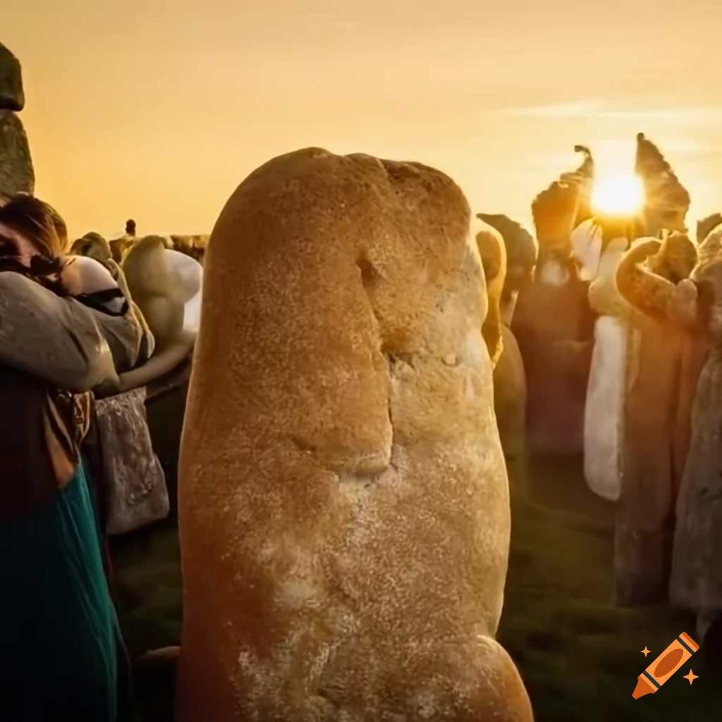 Solstice druids doing a ritual with a giant loaf of bread at sunrise on the solstice, stonehenge ...