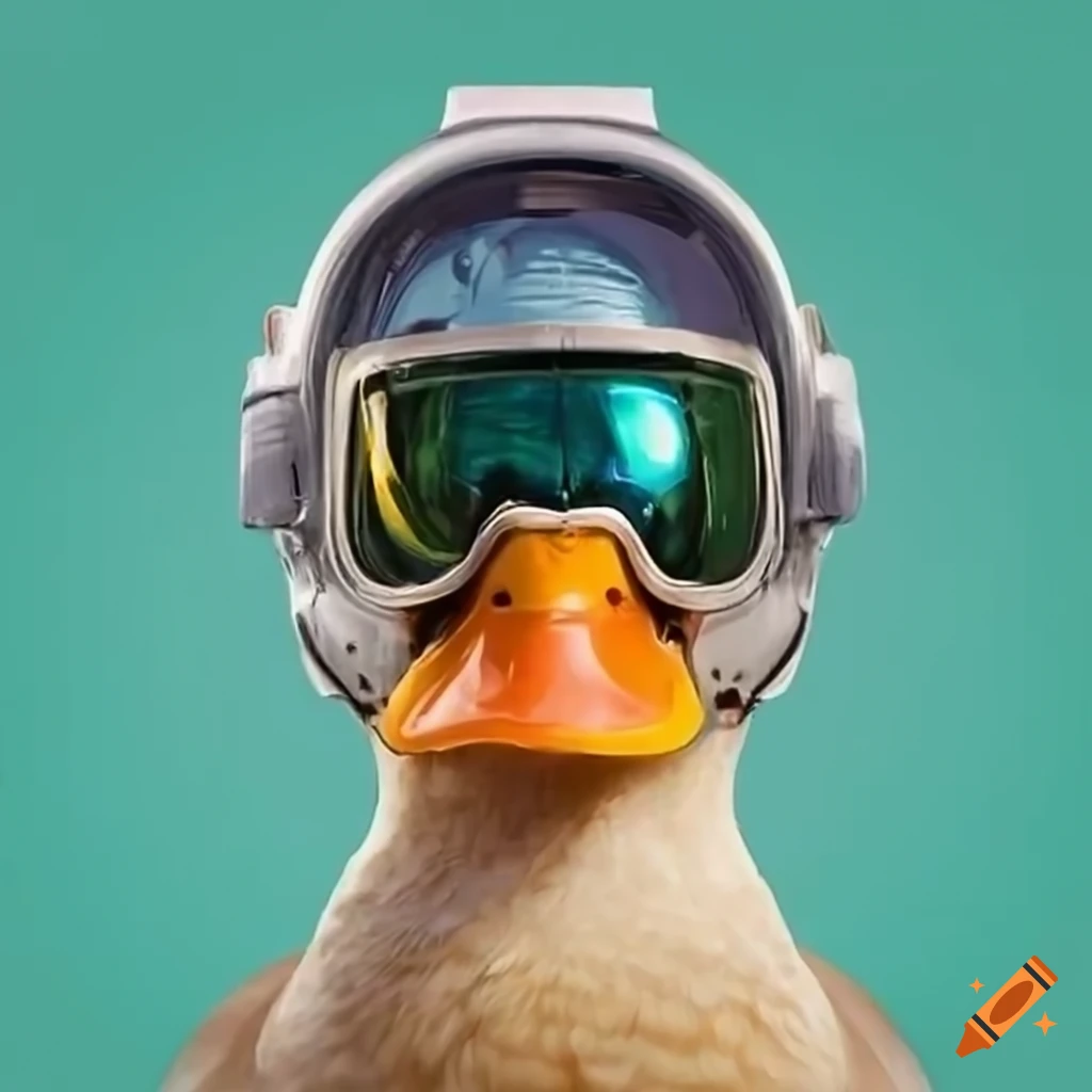 A humorous duck wearing an astronaut helmet on his head