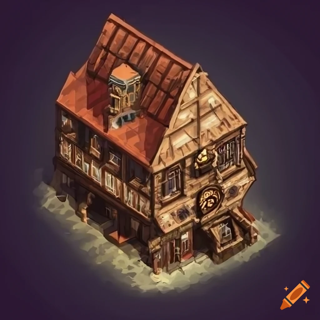 Building fantasy game with timbered house pub in isometric top view in ...