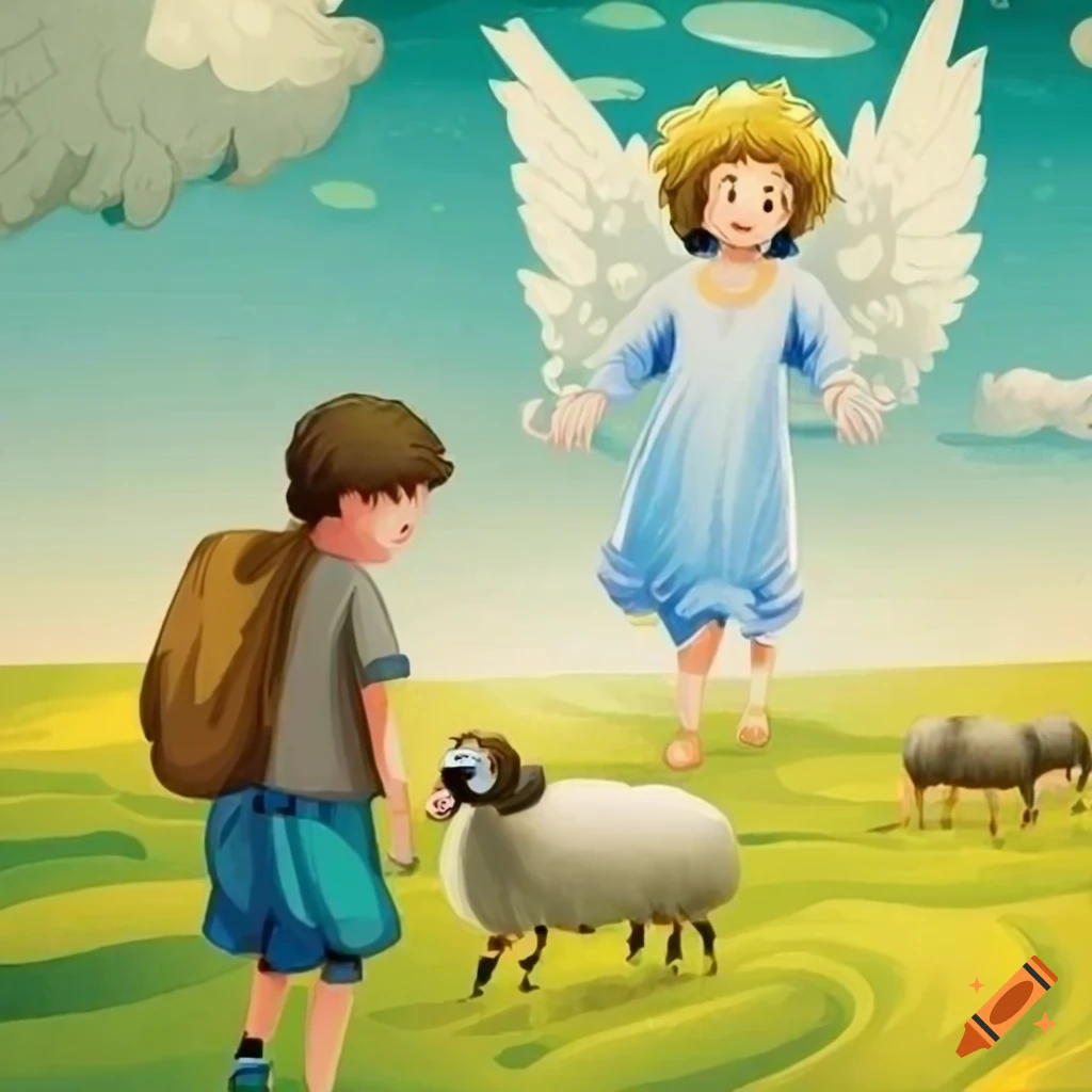 Illustration of a shepherd boys talking to an angel with a flock of ...