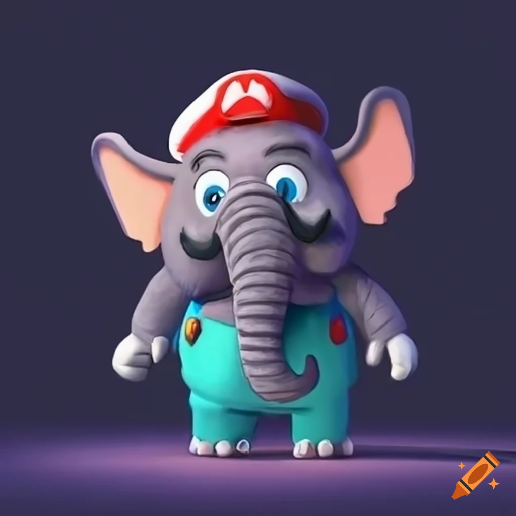 An anthropomorphic elephant with a mustache, wearing Super Mario's ...