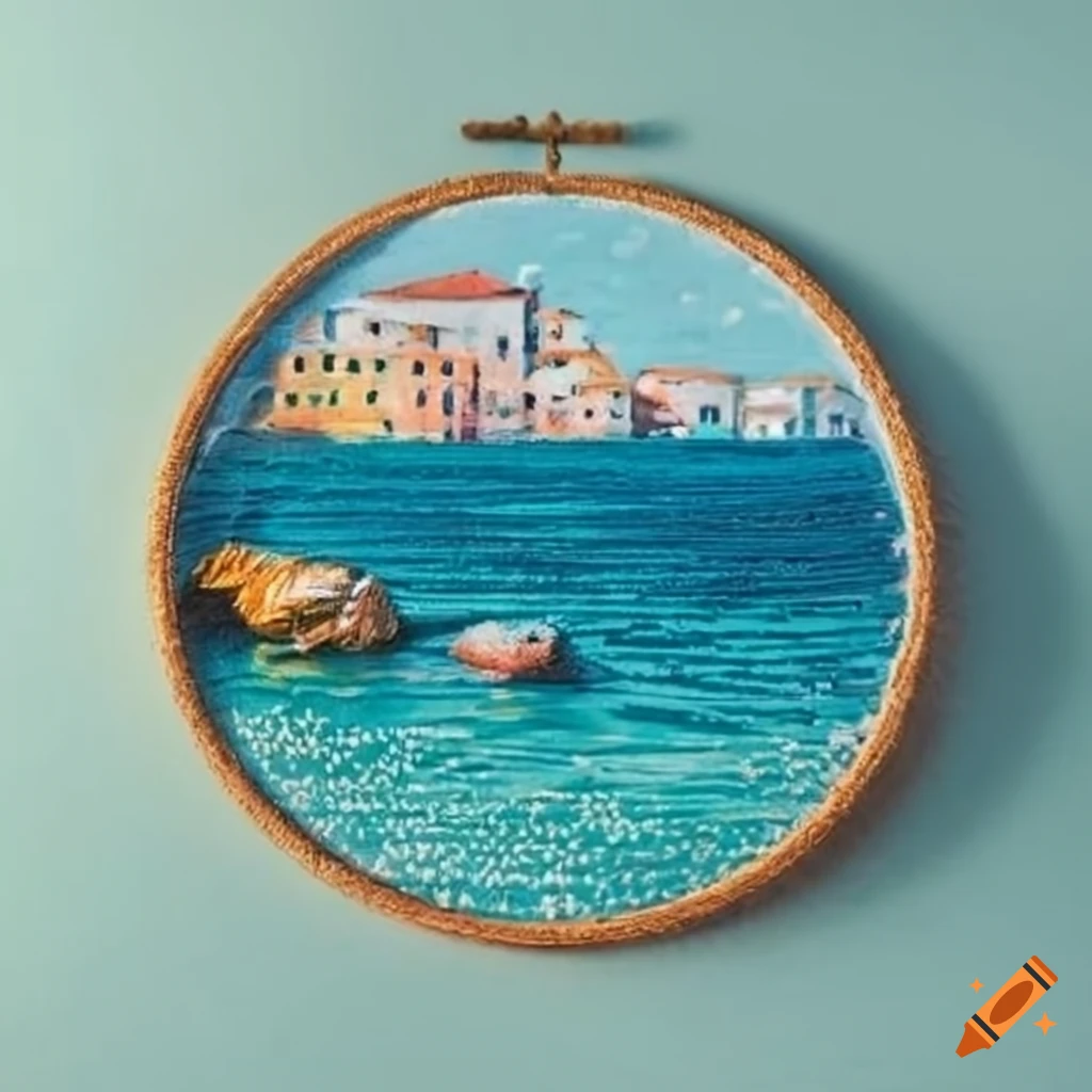 Round embroidery of italy seashore on Craiyon