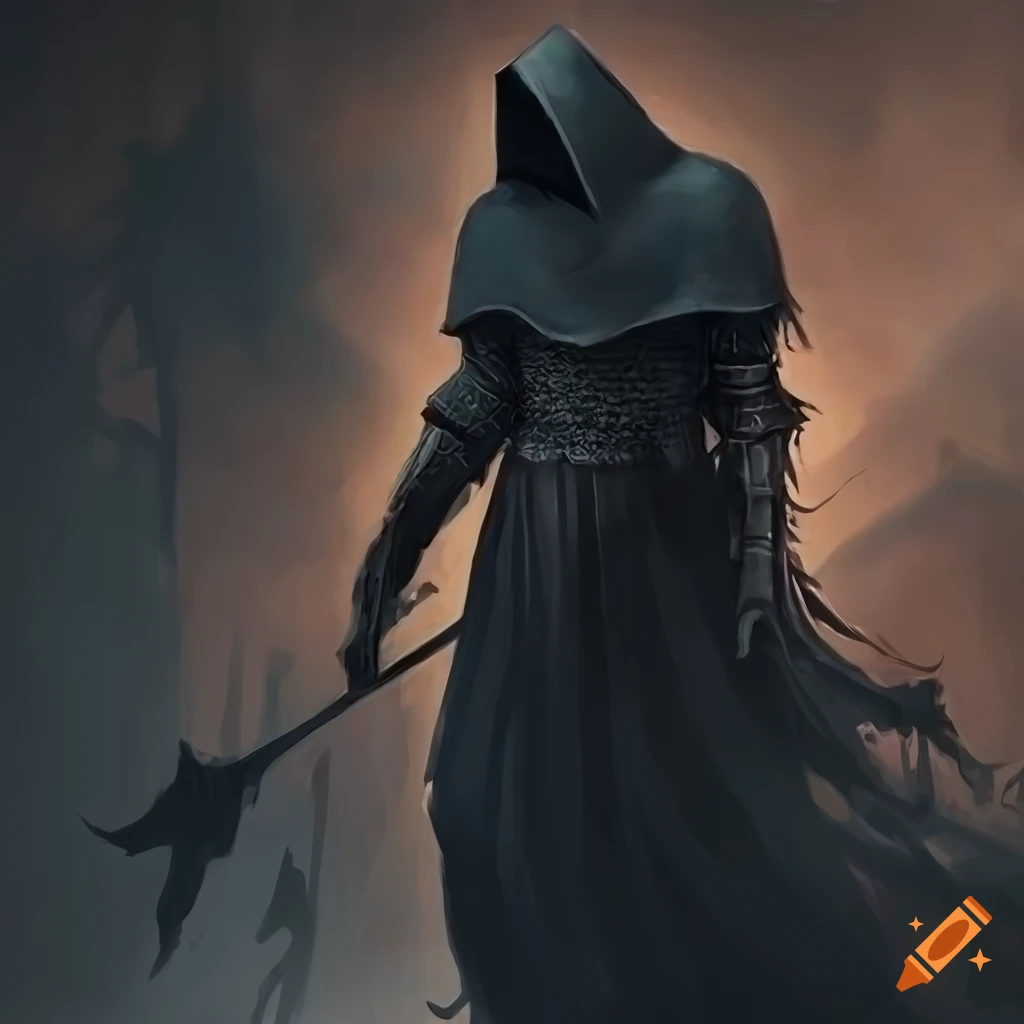 A cloaked knight walking on a path, painting, close up, dark, 8k highly ...