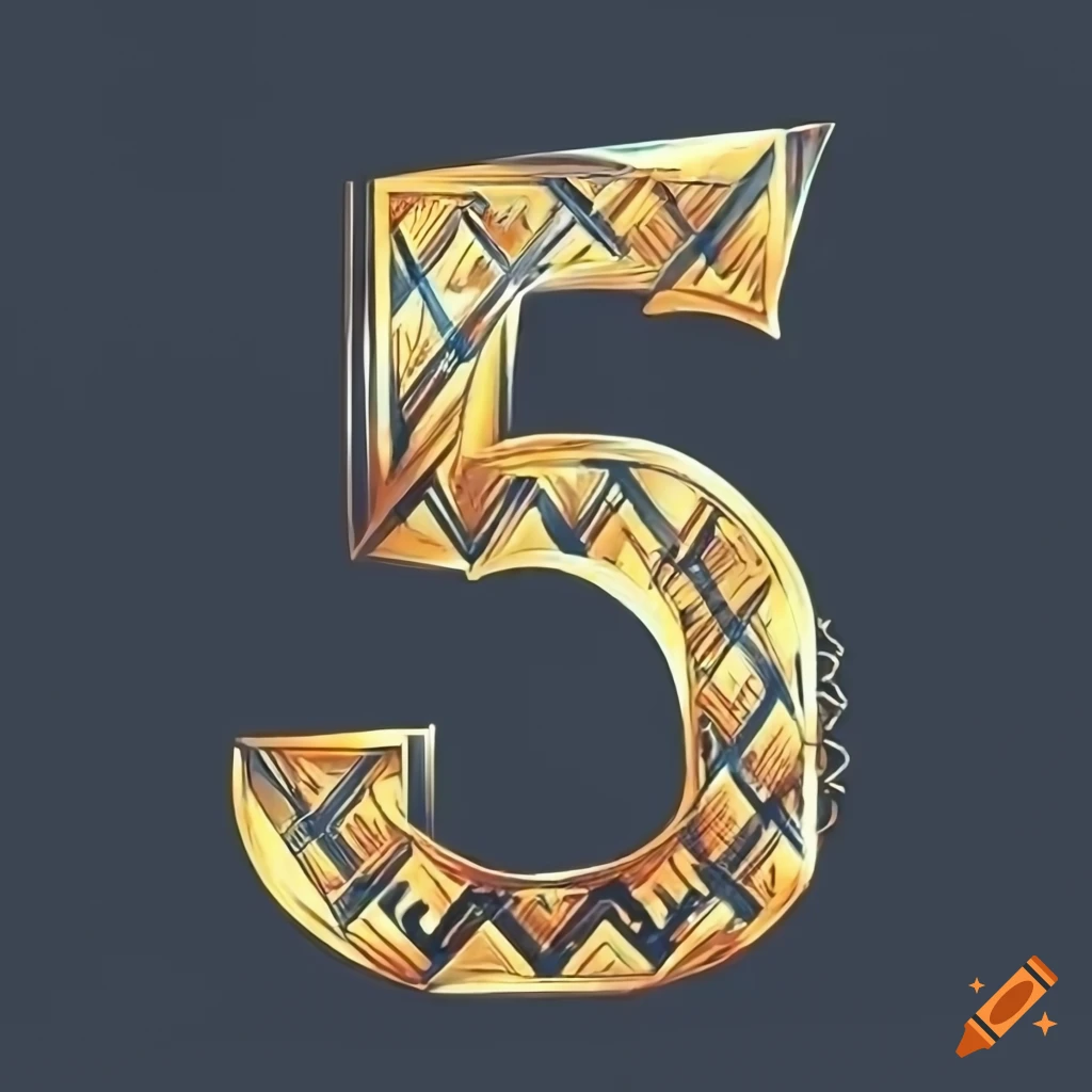 Golden number 5 with art deco design on black background on Craiyon