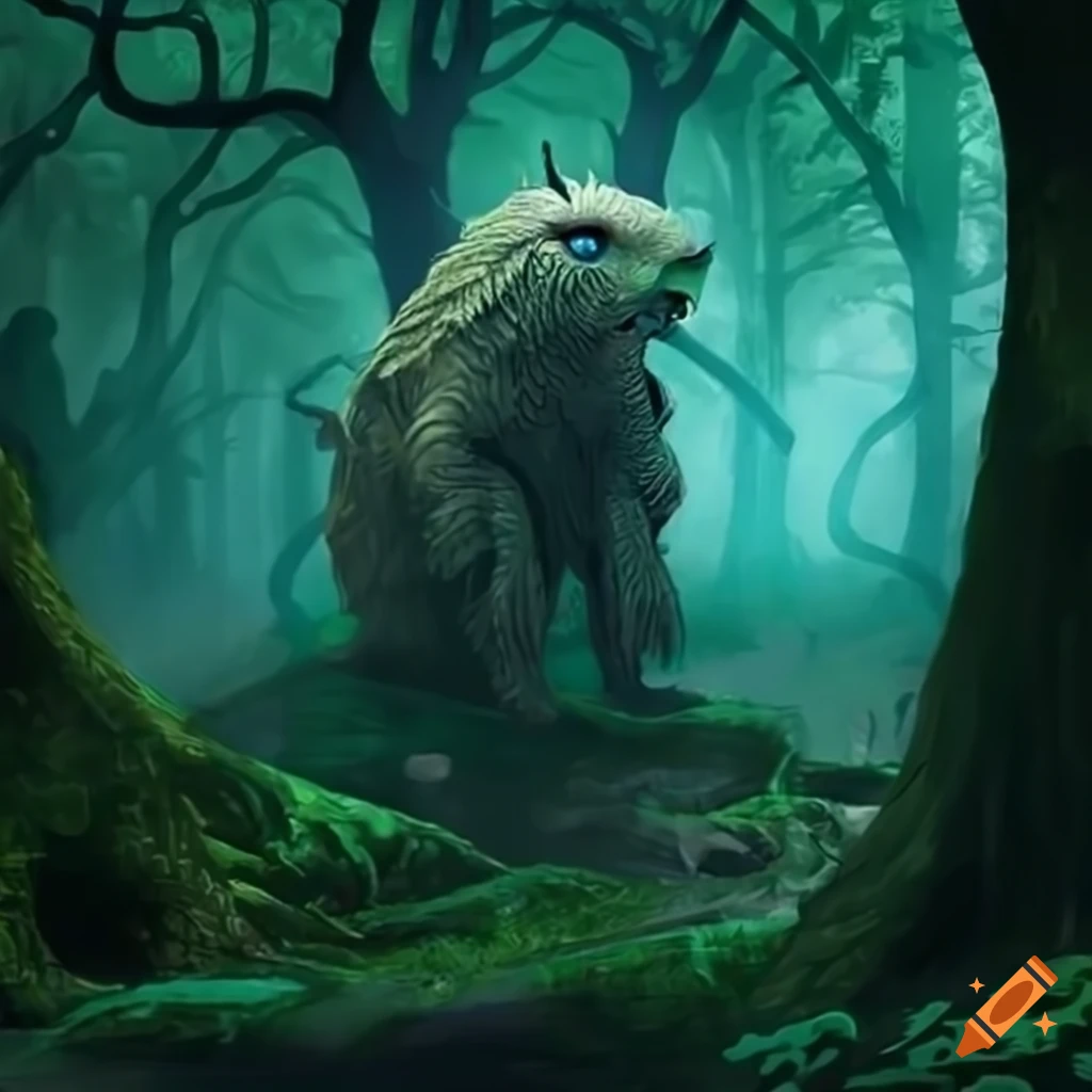 Mythical creature in a mystical forest on Craiyon