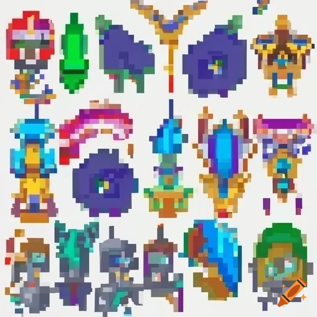 9 16x16 pixel art images of different weapons on Craiyon