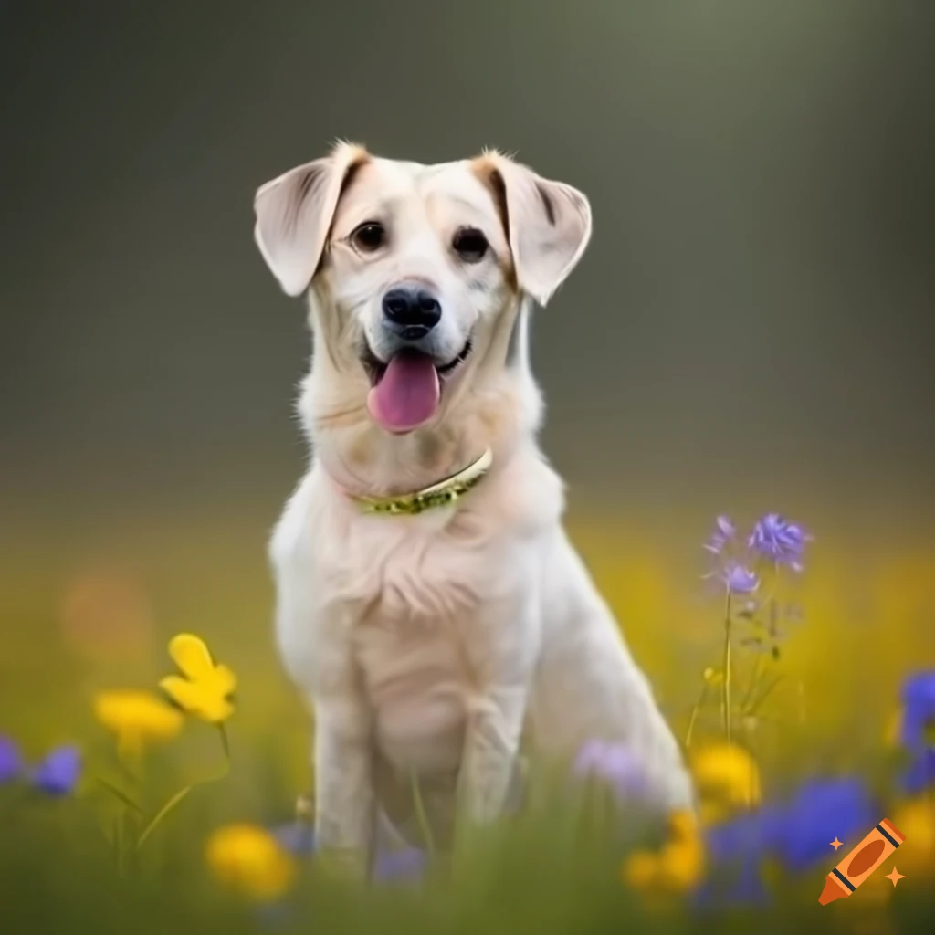 Photorealistic dog sitting in a field of flowers on Craiyon