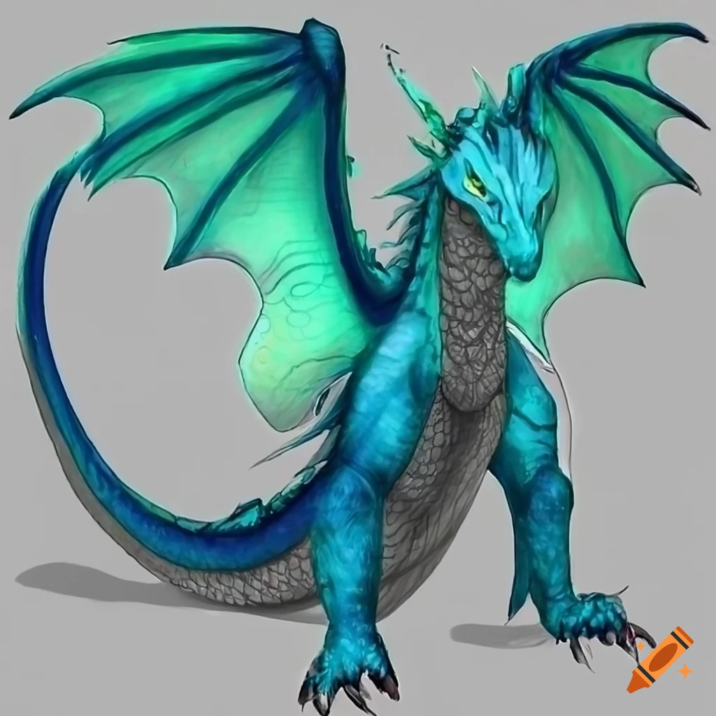 Anthro dragon with cyan-colored scales and turquoise wings on Craiyon