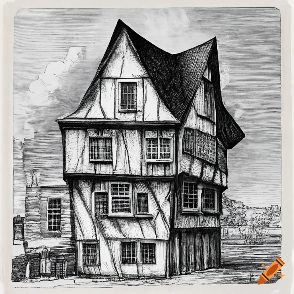 Detailed black and white drawing of a crooked house by Dürer on Craiyon
