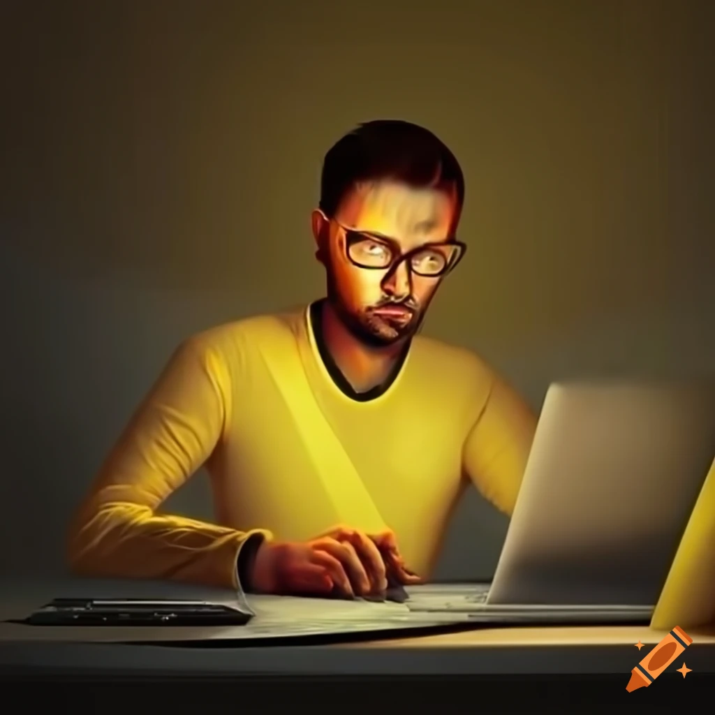 Man working on computer in office, digital art, yellow, wide angle ...