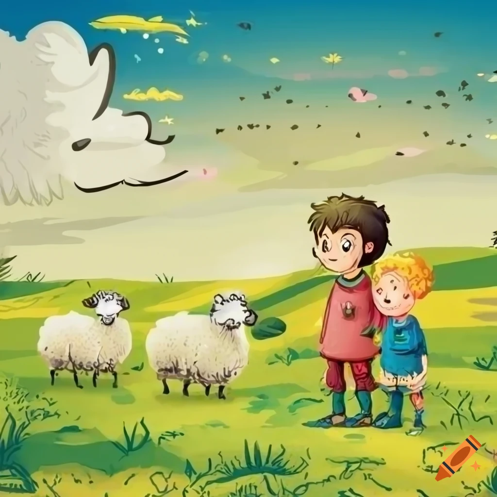 Illustration of a shepherd boys talking to an angel with a flock of ...