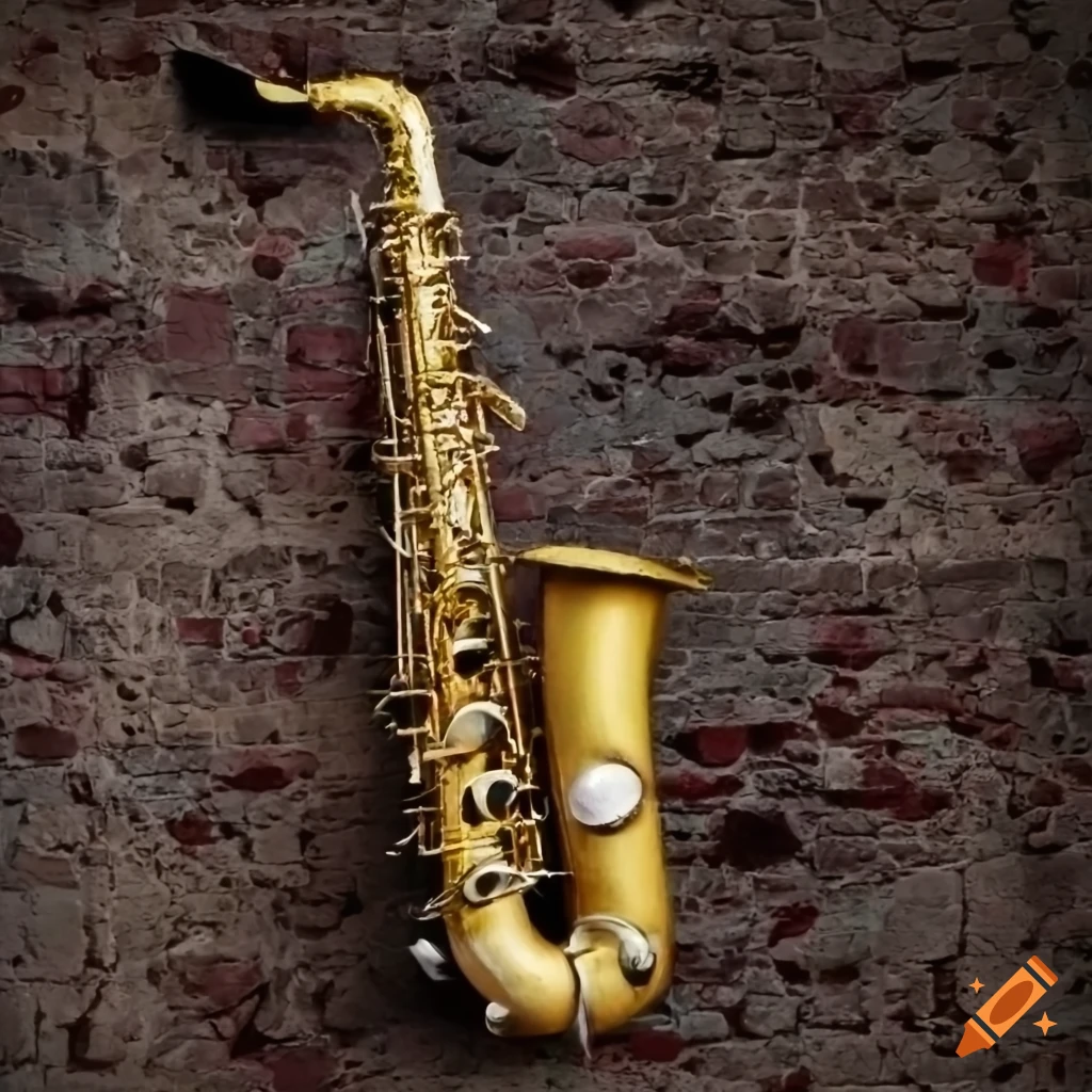 Old castle wall covered in paint, saxophones hanging on the wall on Craiyon