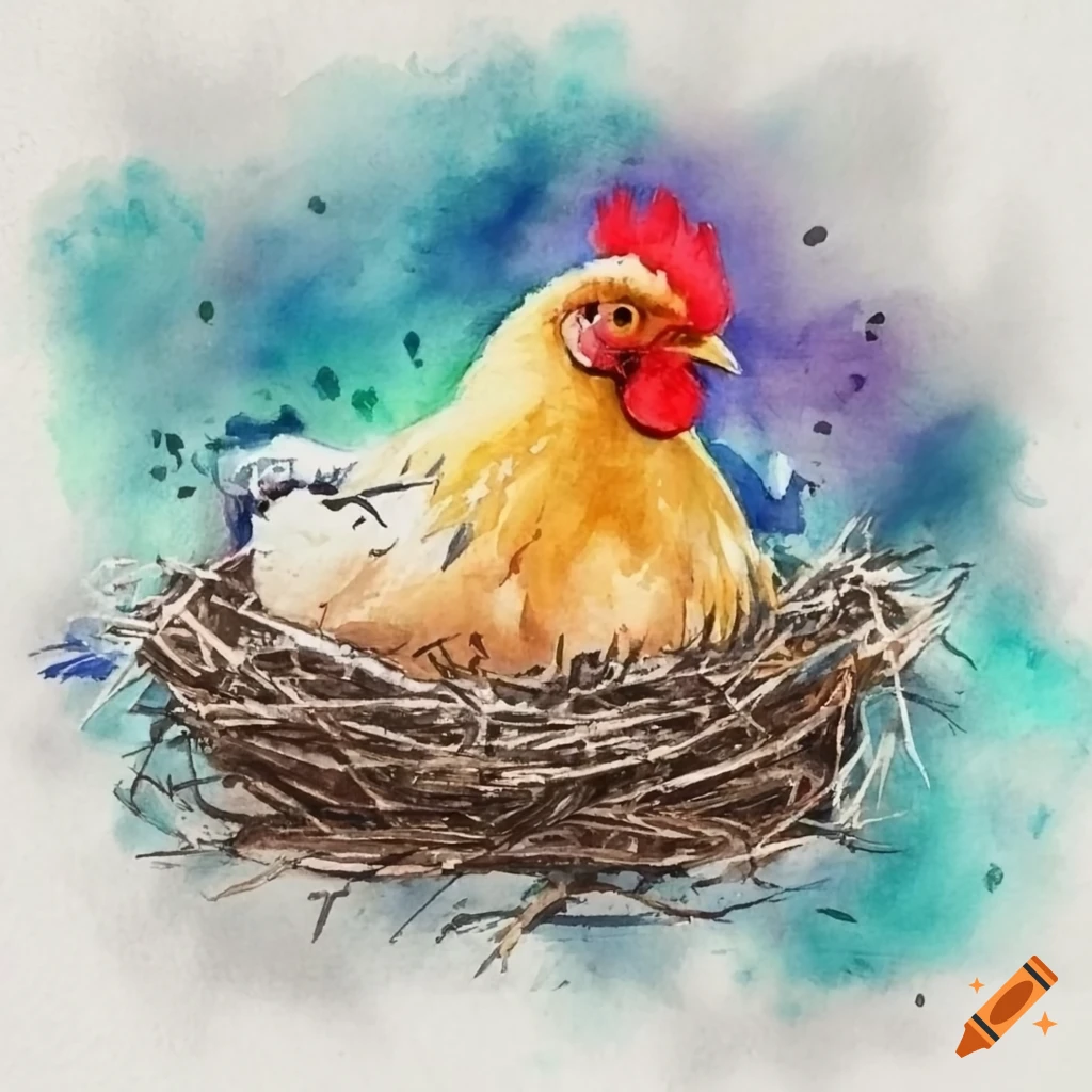 Painting in watercolor of a small hen with black feathers in a nest on ...