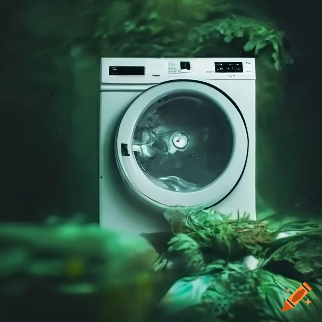 A washing machine (white with green accents)