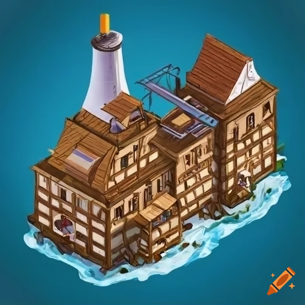 Building fantasy game in a water world, timbered houses power station ...