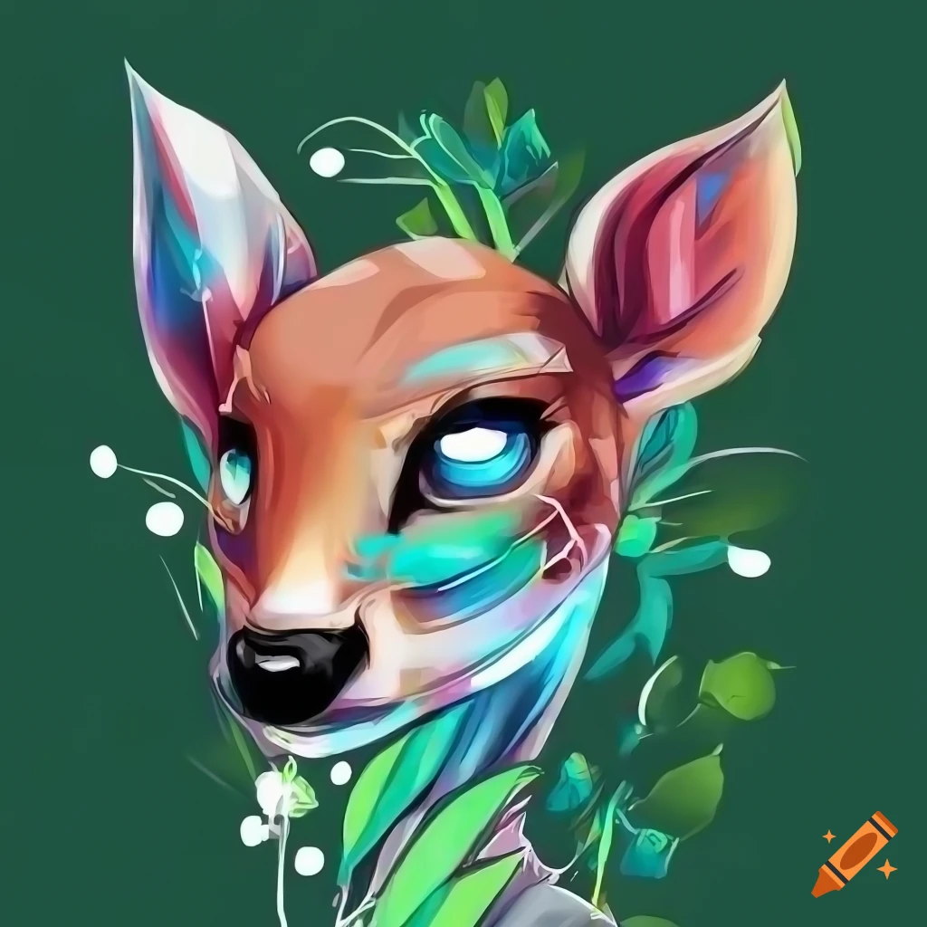 Majestic, silver, cartoon, young doe, in a rainforest, in street art ...
