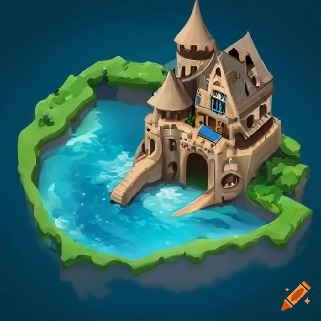 Building fantasy game in a water world, burg in isometric top view