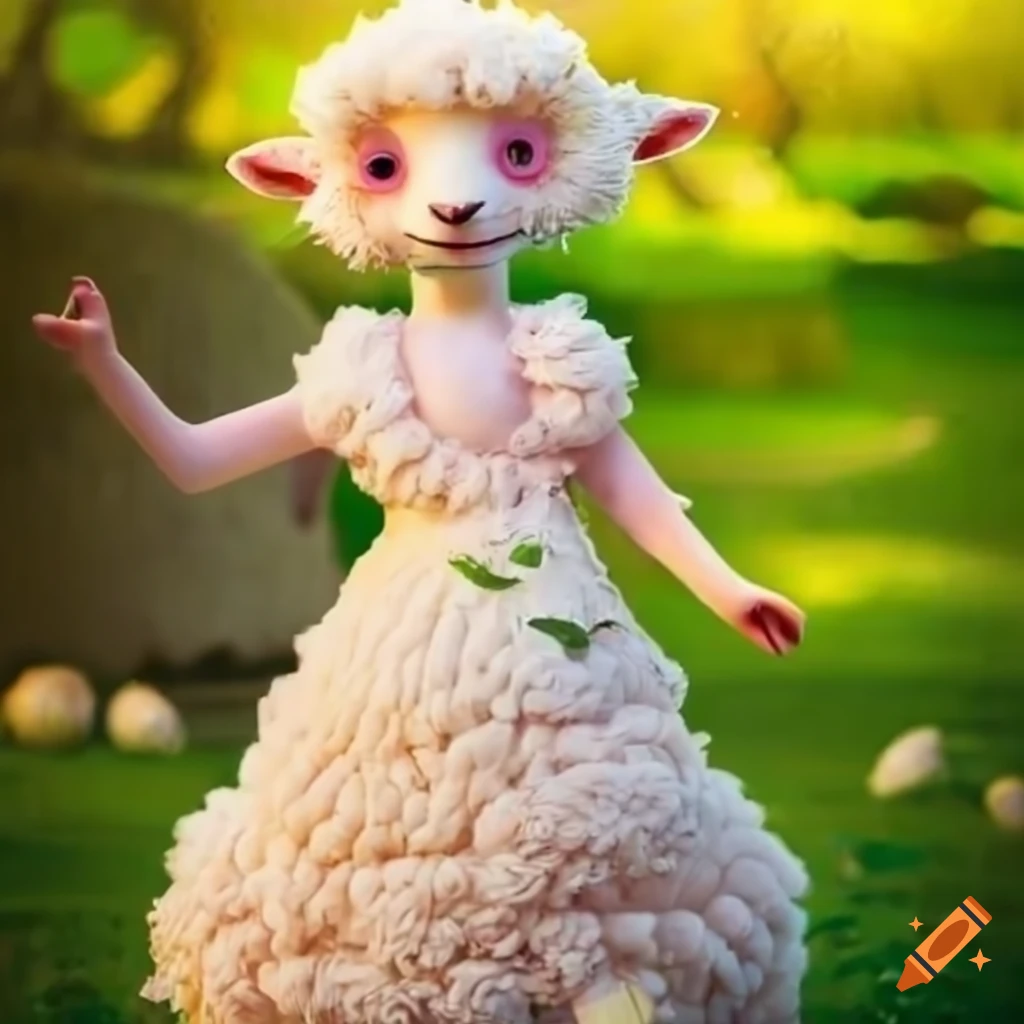A cute anthropomorphic sheep girl in a beautiful garden