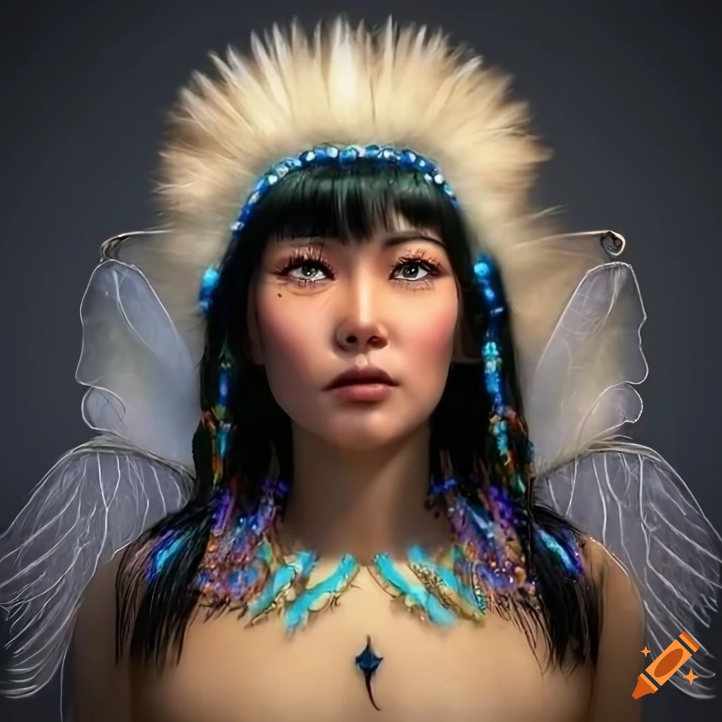 Native American Inuit fairy, tan skin, flowing black hair, glowing ...