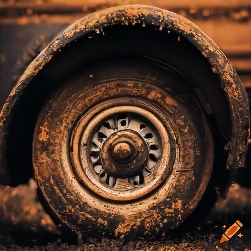 Close-up of a dirty RV wheel covered in road dirt and brake dust on Craiyon